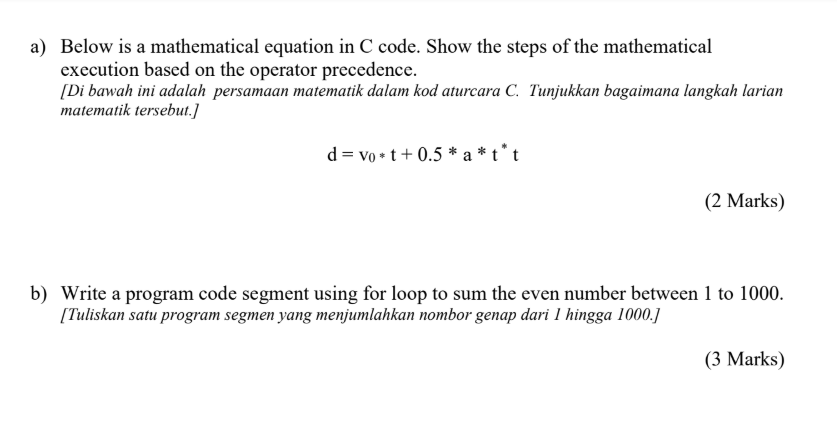 Solved a) Below is a mathematical equation in C code. Show | Chegg.com