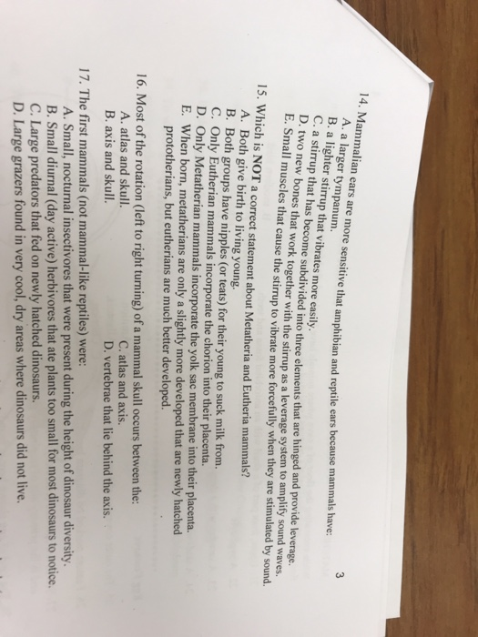 Solved 14. Mammalian ears are more sensitive that amphibian | Chegg.com