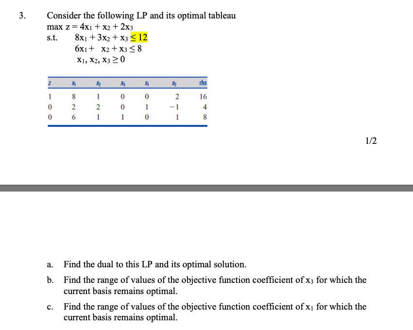Solved 3. Consider the following LP and its optimal tableau | Chegg.com