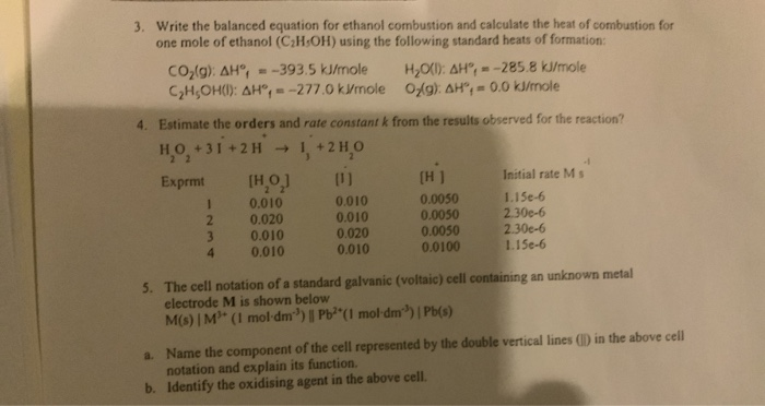 Solved 3. Write the balanced equation for ethanol combustion | Chegg.com