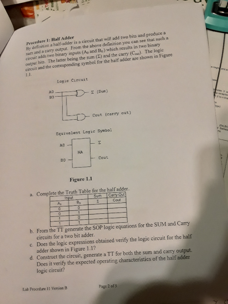 Solved TH awd Procedure 1: Half Adder By definition a | Chegg.com