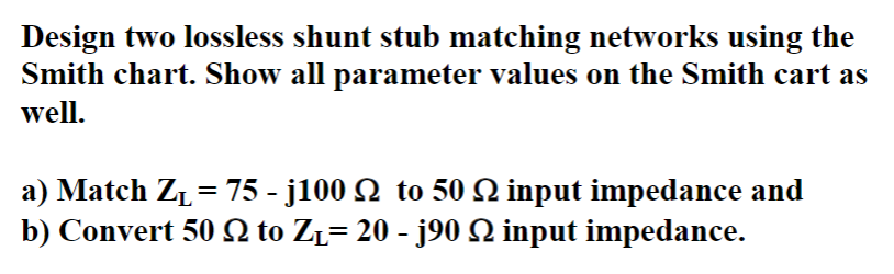 Solved Design two lossless shunt stub matching networks | Chegg.com