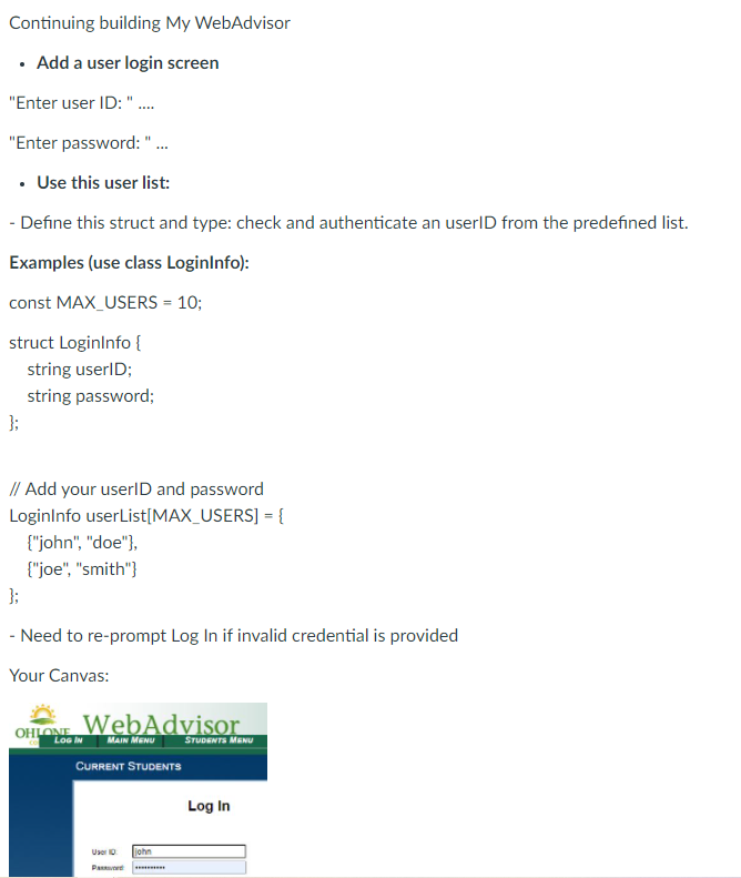 Continuing building My WebAdvisor • Add a user login | Chegg.com