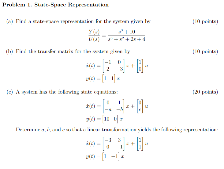 Solved Problem 1. State-Space Representation (a) Find a | Chegg.com