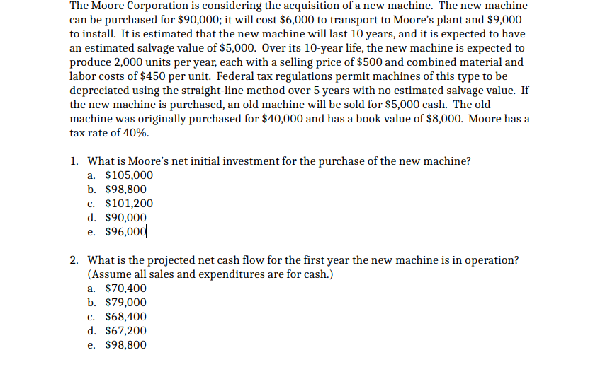 Solved The Moore Corporation is considering the acquisition | Chegg.com