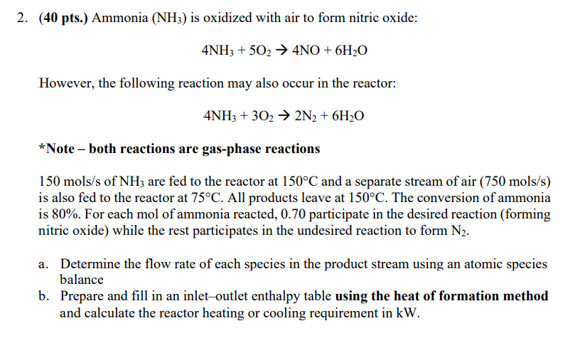 Solved 2. (40 pts.) Ammonia (NH3) is oxidized with air to | Chegg.com