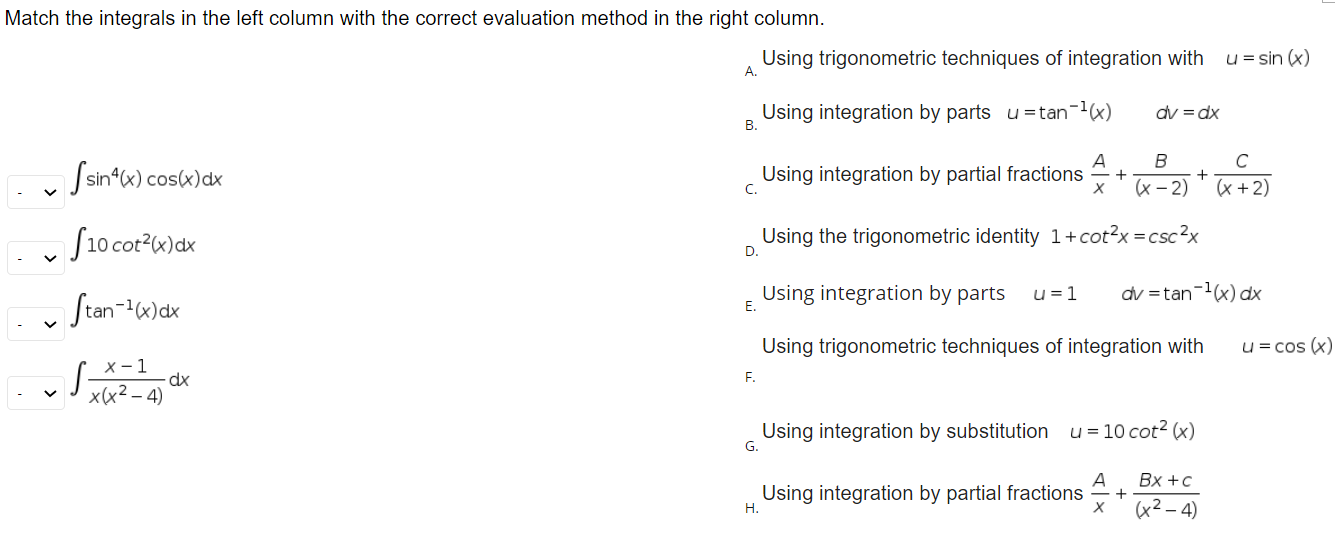 Solved Match the integrals in the left column with the | Chegg.com