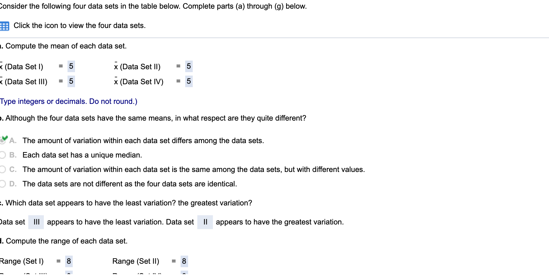 Solved Consider the following four data sets in the table | Chegg.com