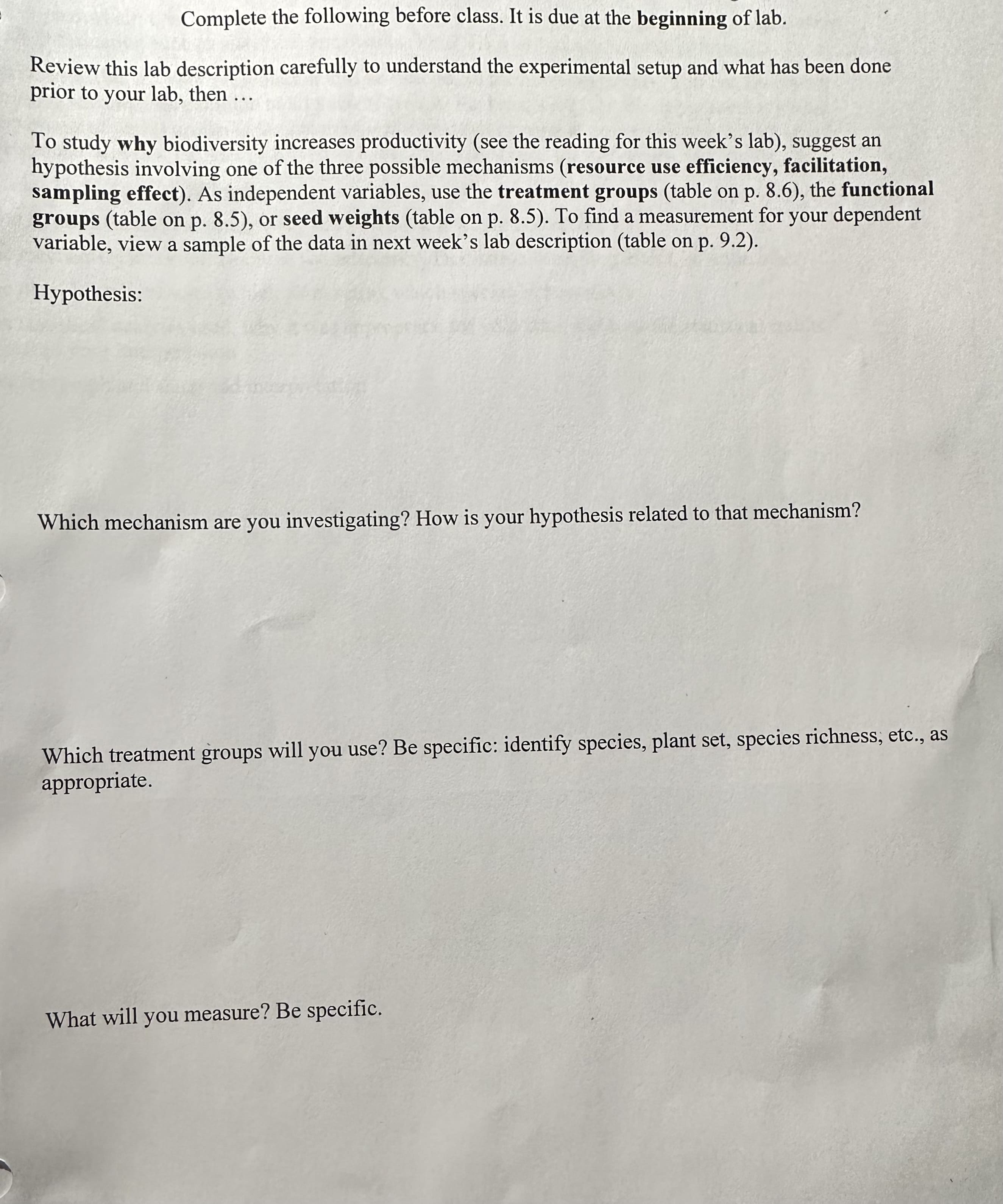 Solved Complete the following before class. It is due at the | Chegg.com