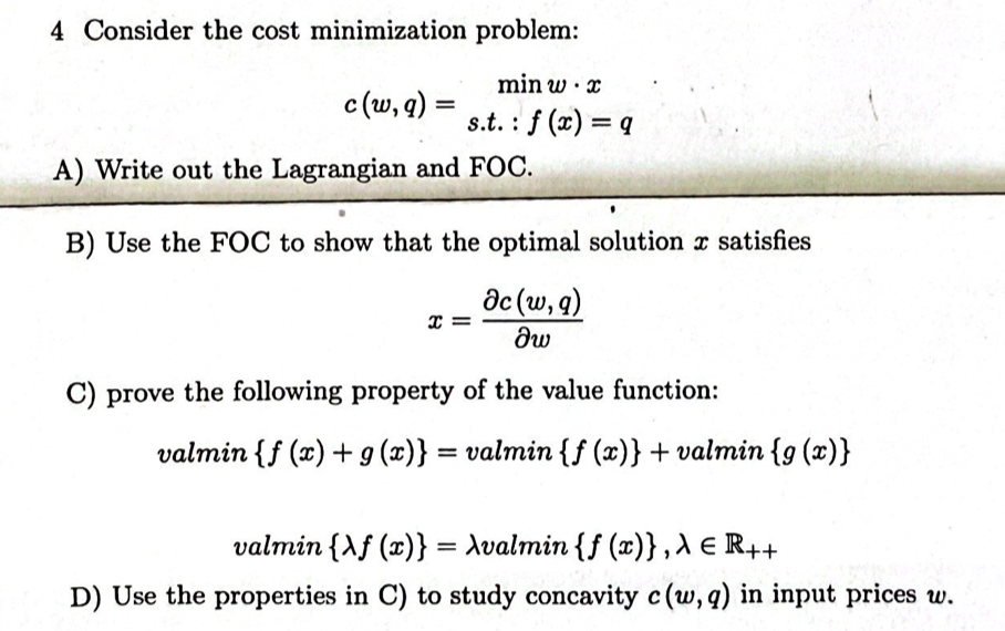 Solved 4 Consider The Cost Minimization Problem