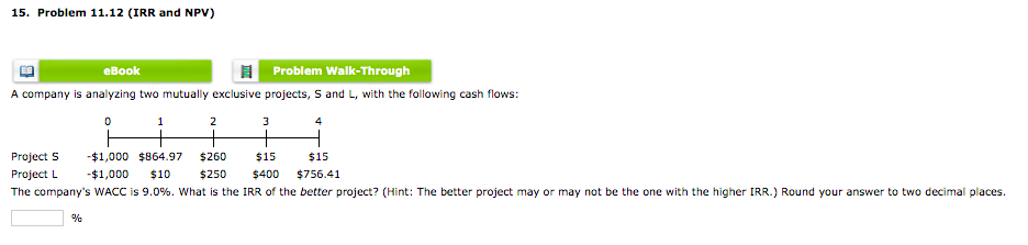 Solved 15. Problem 11.12 (IRR and NPV) eBook Problem | Chegg.com