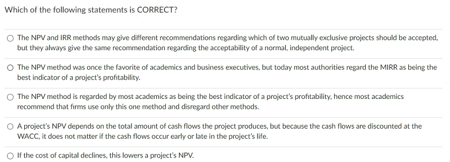 Solved Which of the following statements is CORRECT? The NPV | Chegg.com