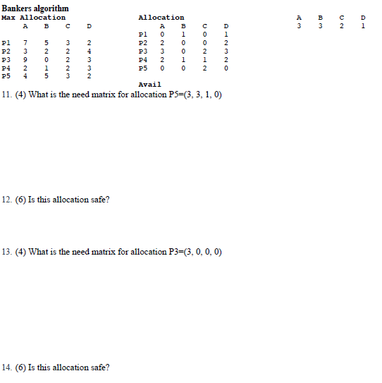 Solved 11. (4) What is the need matrix for allocation | Chegg.com