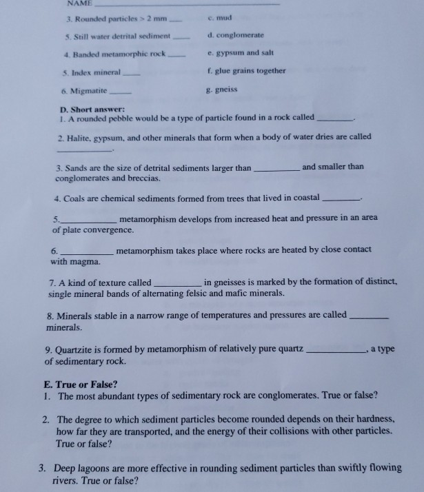 Solved NAME 3. Rounded particles > 2 mm c. mud d. | Chegg.com