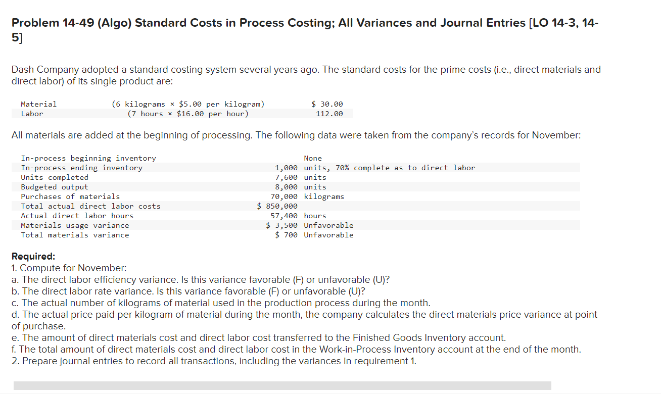 Solved Problem 14-49 (Algo) Standard Costs in Process | Chegg.com