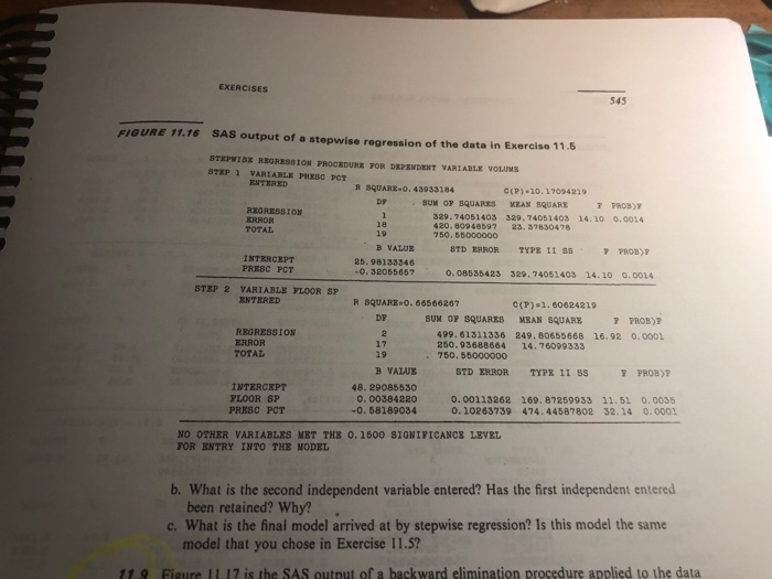 Solved 11.8 Figure 11.16 is the SAS output of a stepwise | Chegg.com