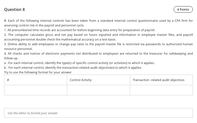 Solved Question 8 4 Points B. Each of the following internal | Chegg.com