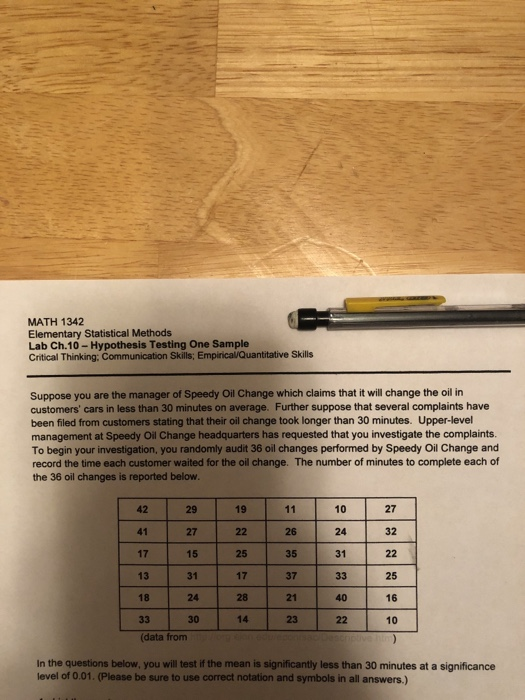 Solved Math 1342 Elementary Statistical Methods Lab Ch 10
