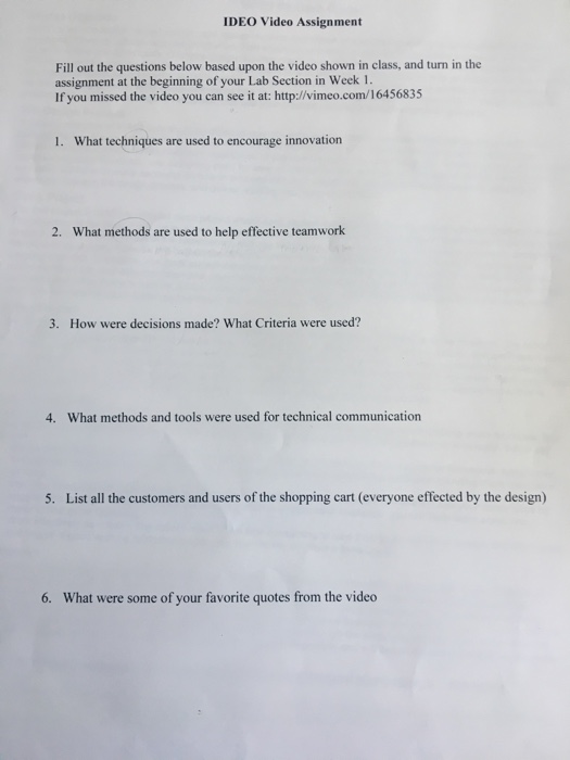 Solved IDEO Video Assignment Fill out the questions below | Chegg.com