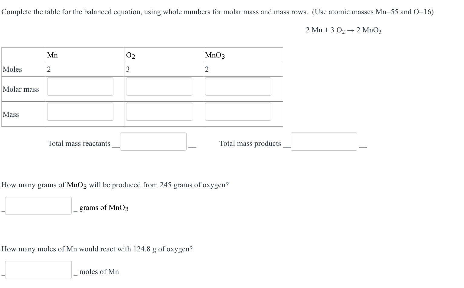 Solved Complete the table for the balanced equation, using | Chegg.com