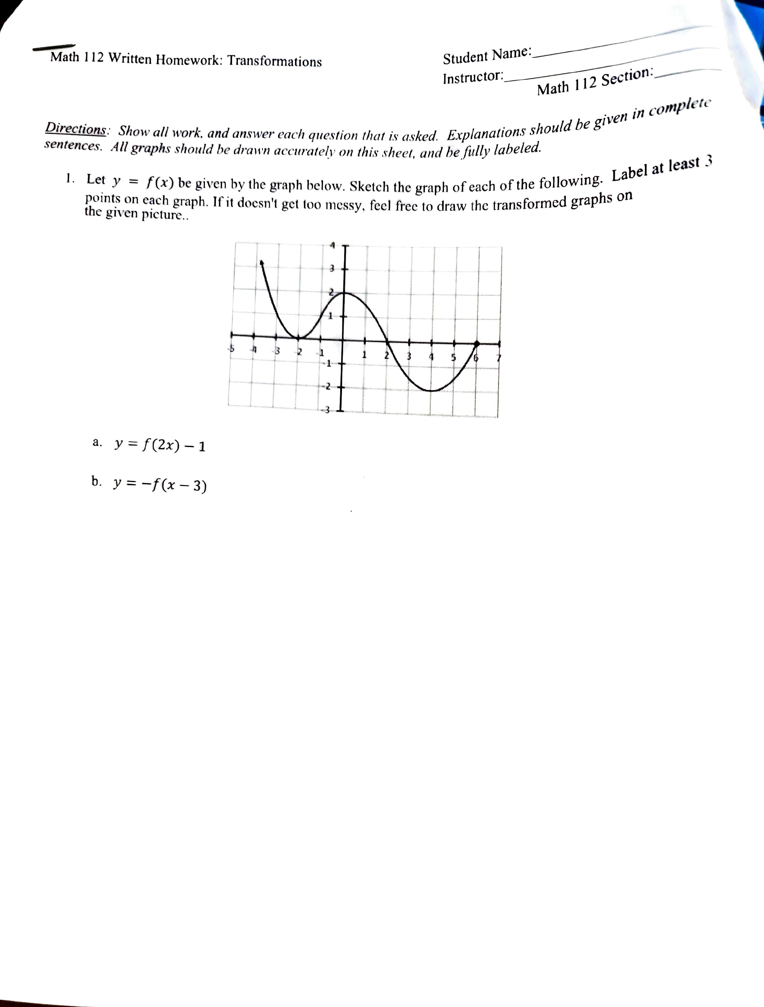 Solved Math 112 Written Homework: Transformations Student | Chegg.com