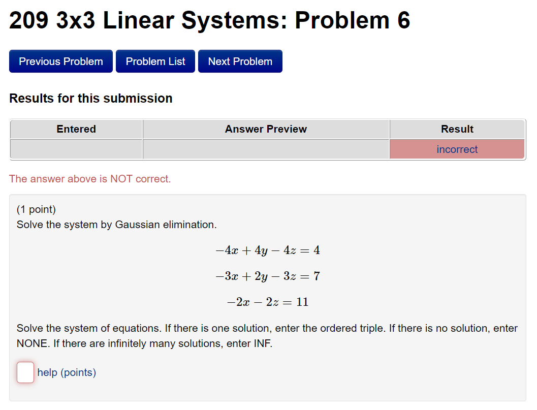 Solved 209 3x3 Linear Systems: Problem 6 Results for this | Chegg.com