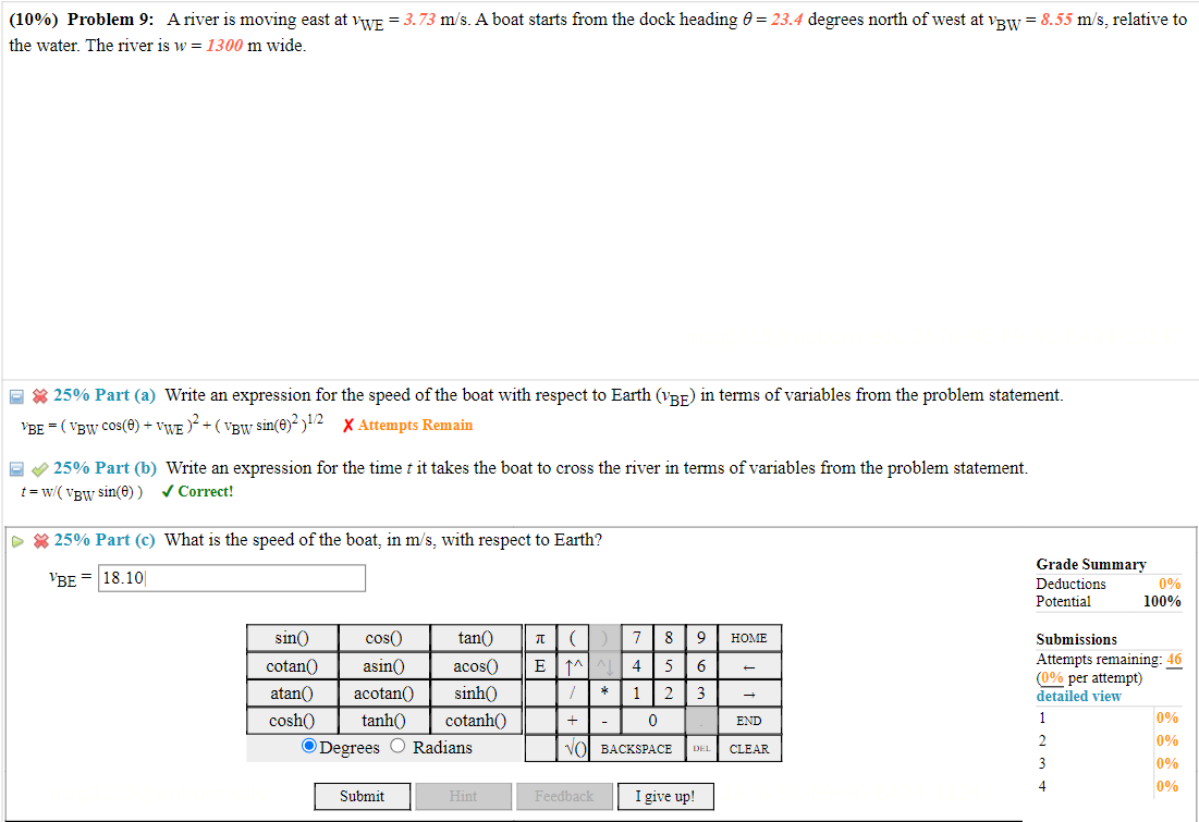 Solved (10\%) Problem 9: A river is moving east at vWE=3.73 | Chegg.com