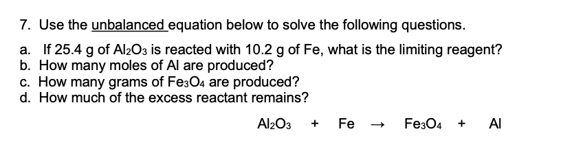 Solved Use the unbalanced equation below to solve the | Chegg.com