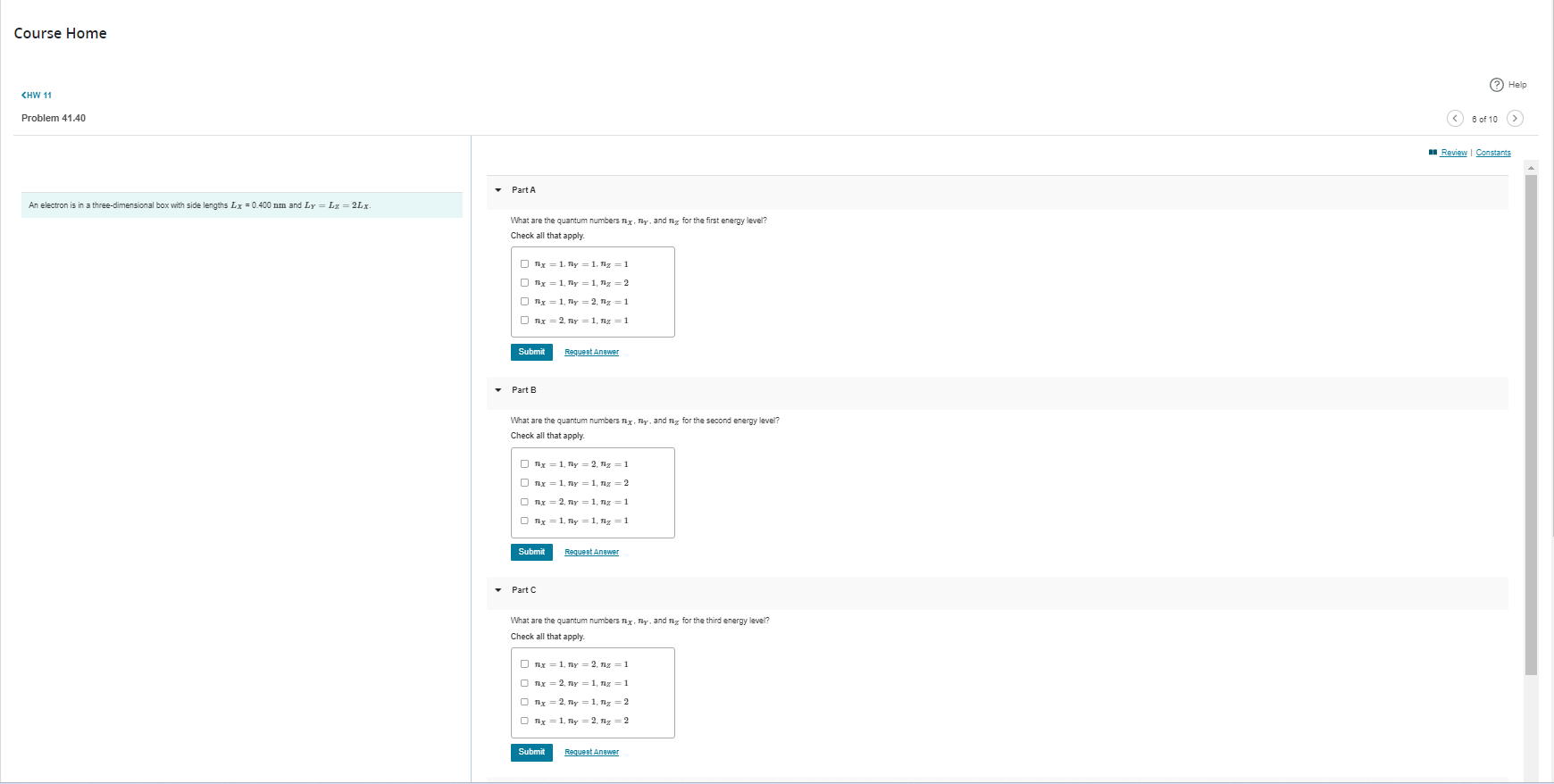 Solved Part A An electron is in a three-dimensional box with | Chegg.com
