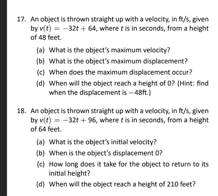 Solved 17. An object is thrown straight up with a velocity, | Chegg.com