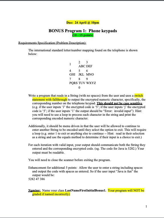Solved Due: 24 April 10pm BONUS Program 1: Phone keypads (10 | Chegg.com