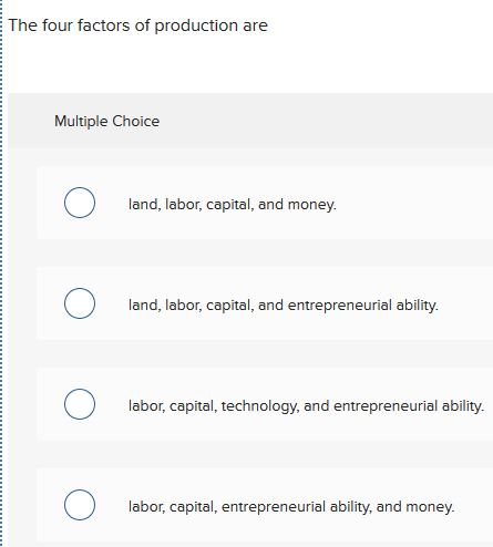 Solved The four factors of production are Multiple Choice | Chegg.com