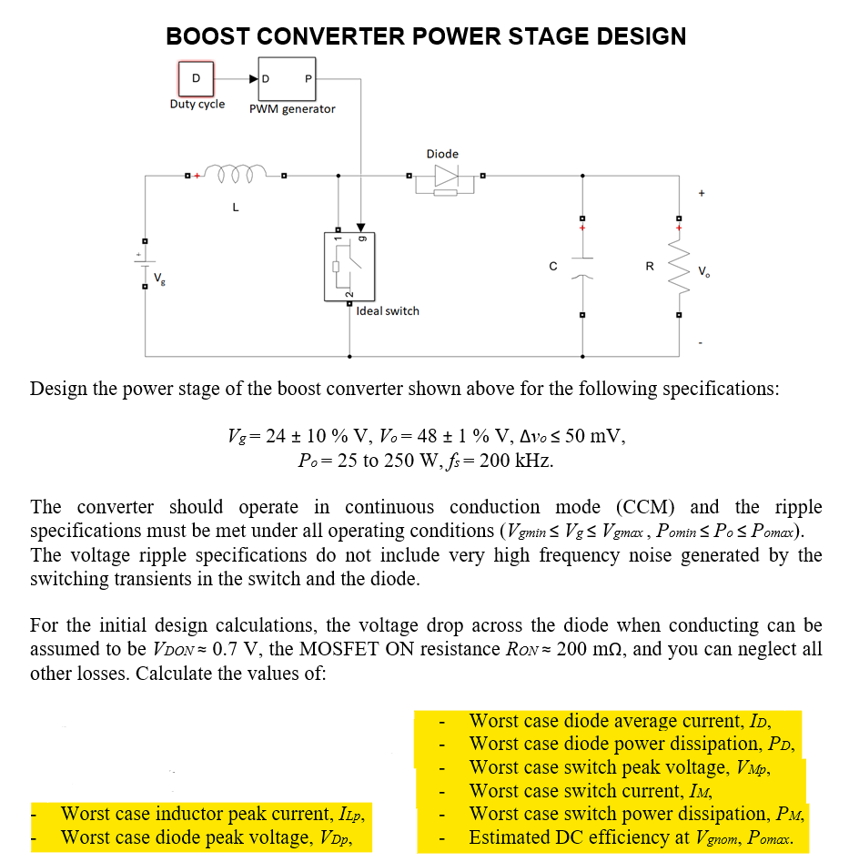 Solved BOOST CONVERTER POWER STAGE DESIGN D D Duty cycle PWM | Chegg.com