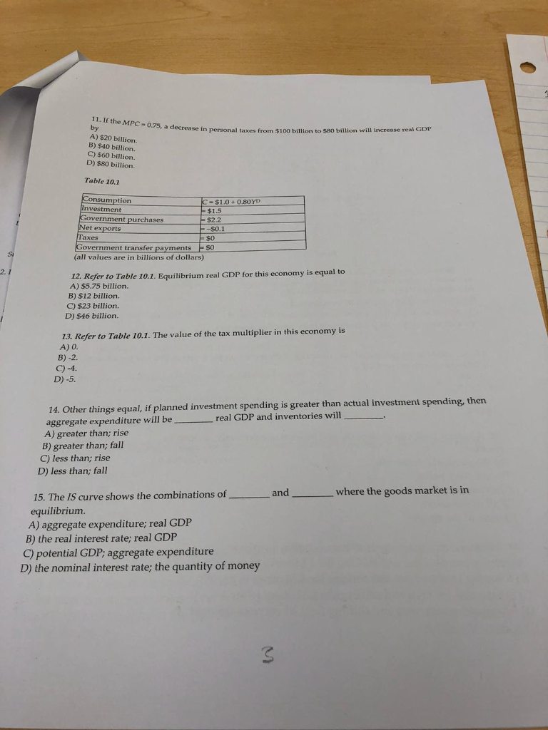 Solved 11. If the MPC -0.75, a decrease in per by decrease | Chegg.com