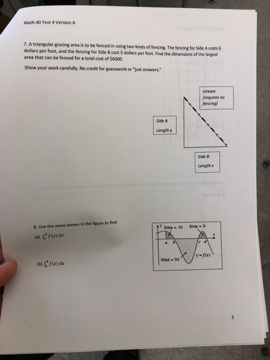 Solved Math 40 Test 4 Version A 7.A triangular grazing area | Chegg.com