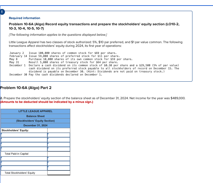 Solved Required informationProblem 10-6A (Algo) ﻿Record | Chegg.com