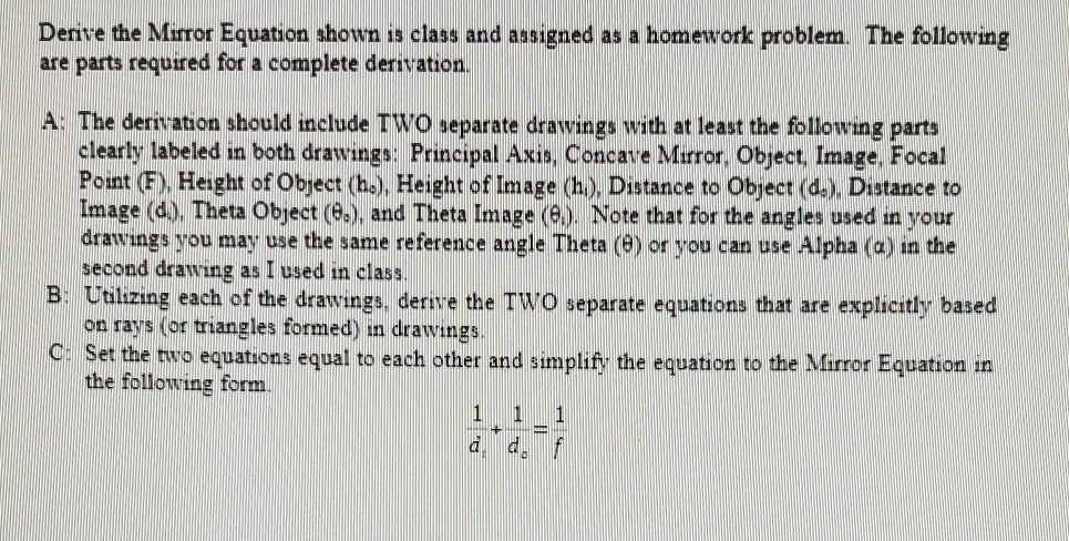 Solved Derive the Mirror Equation shown is class and | Chegg.com