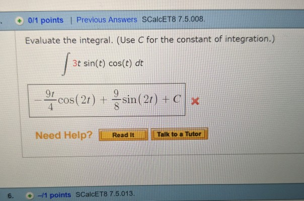 Solved 0/1 points Previous Answers SCalcET8 7.5.008. | Chegg.com
