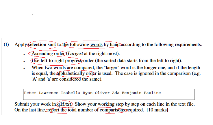 Solved f) Apply selection sort tothe following words by | Chegg.com