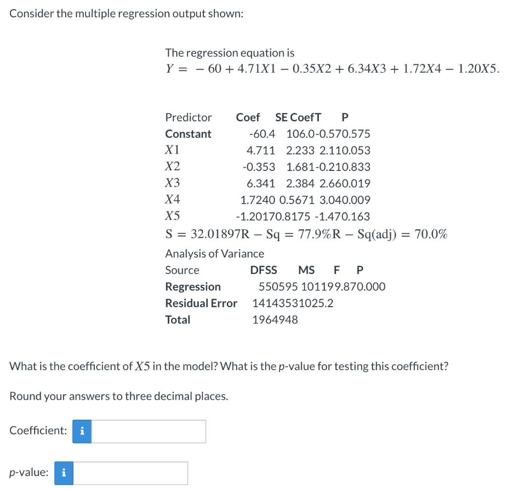 Solved Consider the multiple regression output shown: The | Chegg.com