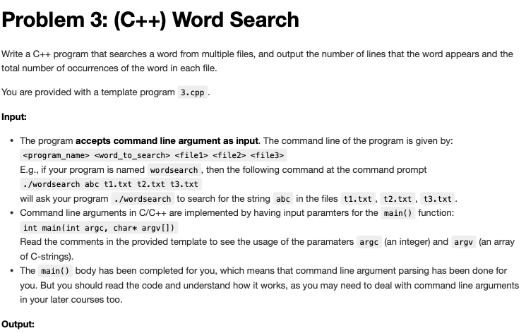 Solved Problem 3: (C++) Word Search Write a C++ program that | Chegg.com