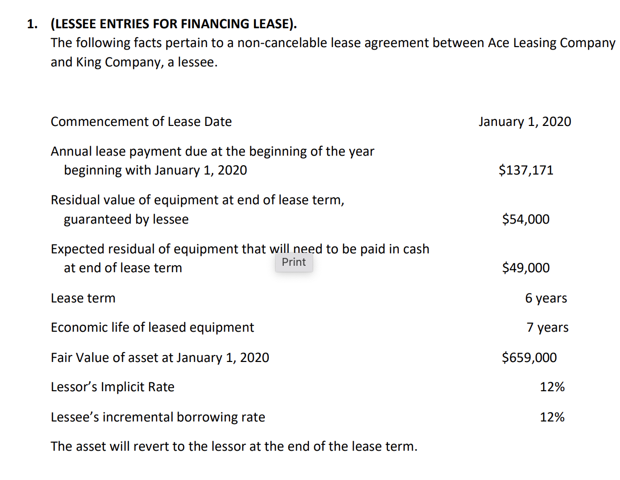 Solved 1. (LESSEE ENTRIES FOR FINANCING LEASE). The | Chegg.com
