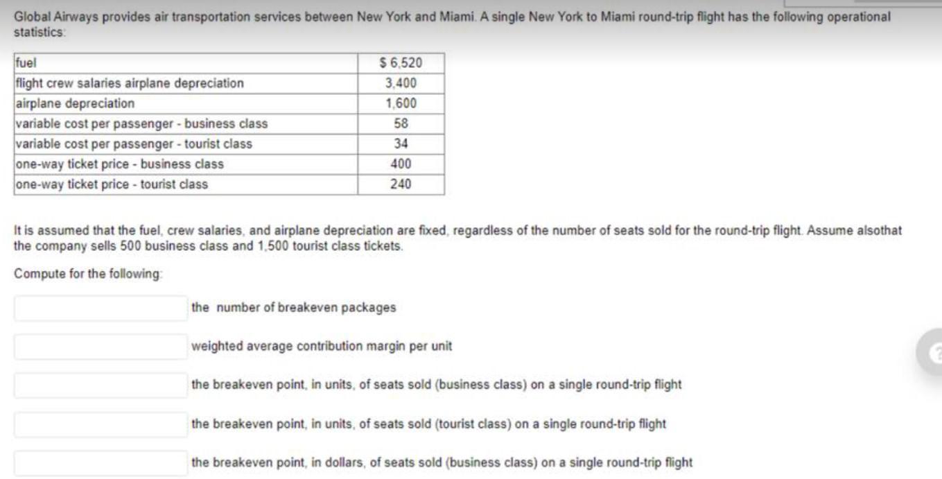 Solved Global Airways provides air transportation services | Chegg.com