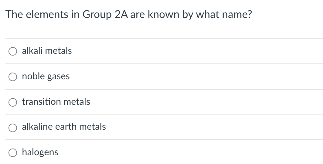 Solved The elements in Group 2A are known by what name? | Chegg.com