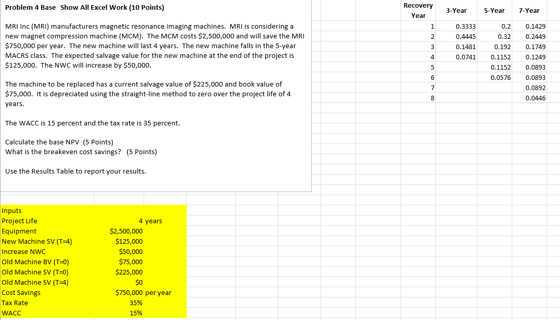 Solved Problem 4 Base Show All Excel Work (10 Points) MRI | Chegg.com