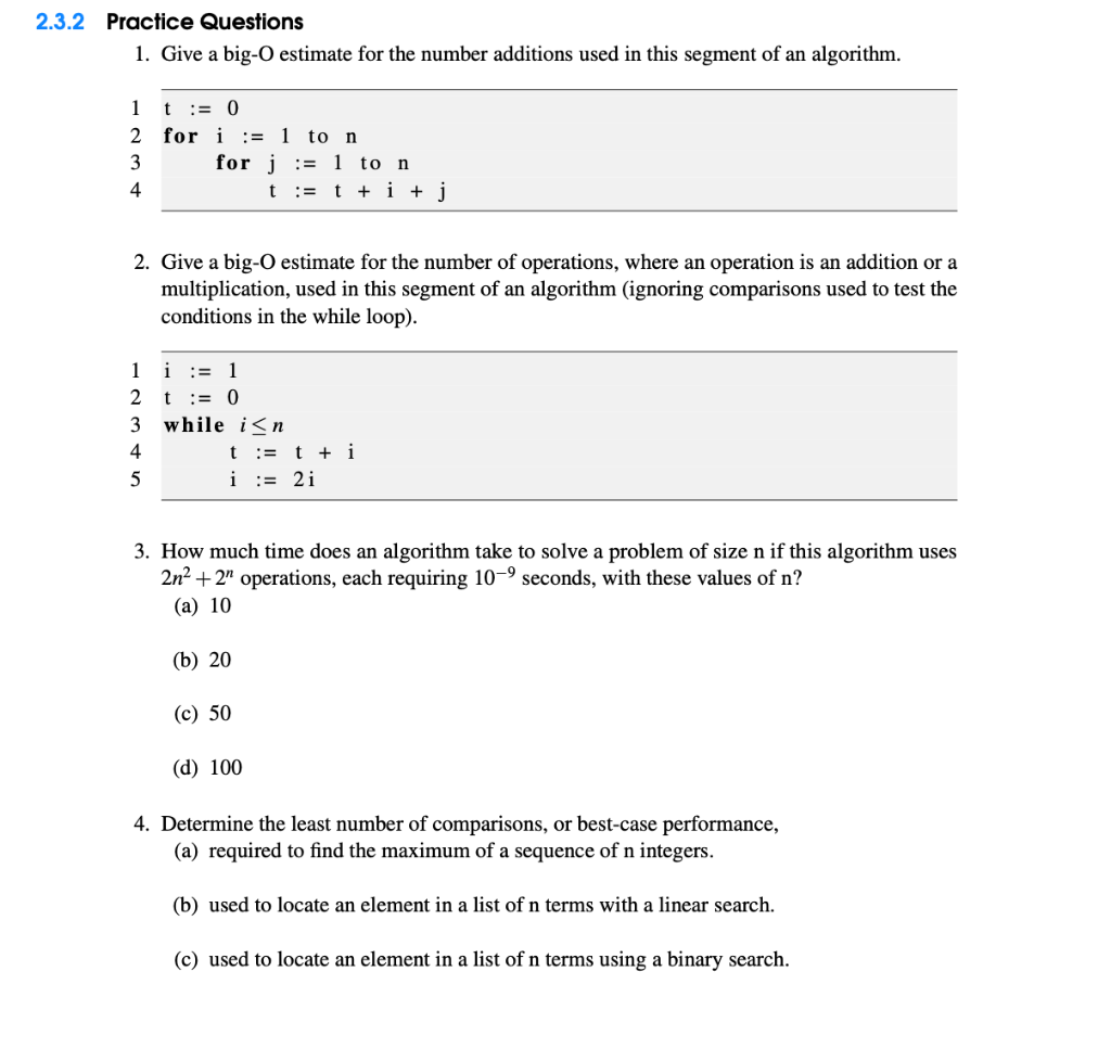 Solved 2.3.2 Practice Questions 1. Give a big-O estimate for | Chegg.com