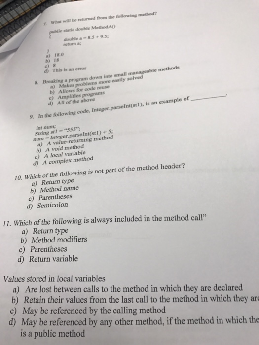 Solved What will be returned from following method? public | Chegg.com