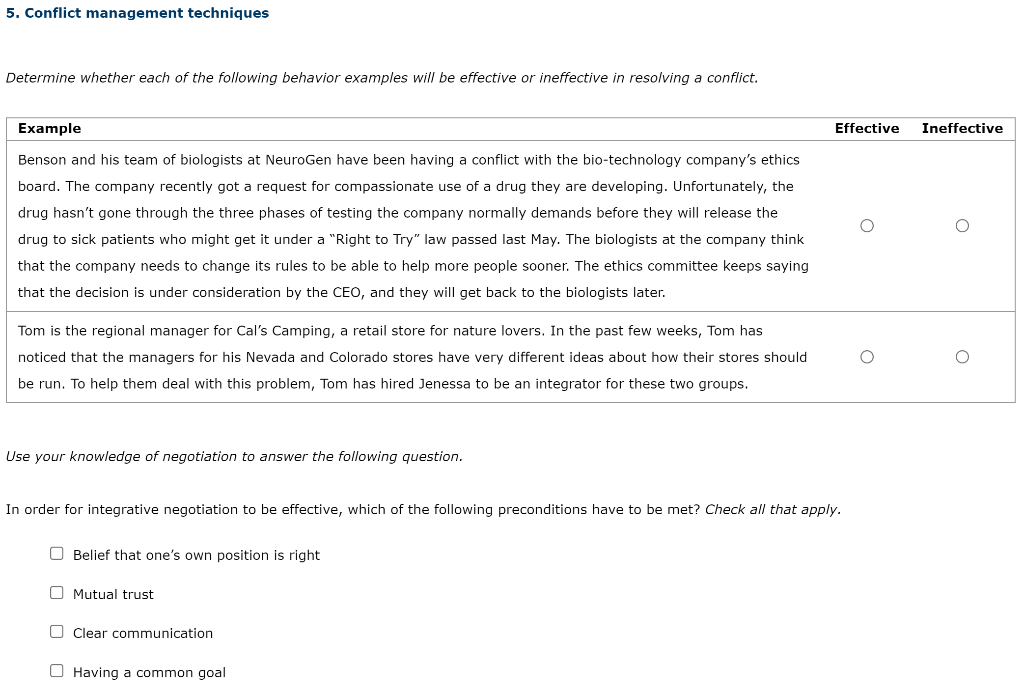 Solved 5. Conflict management techniques Determine whether | Chegg.com