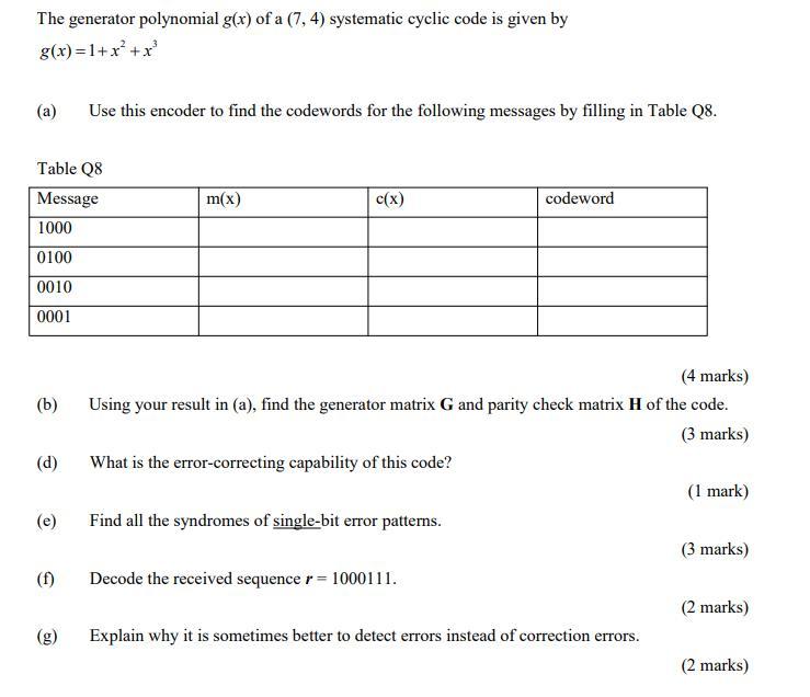 Solved The generator polynomial g(x) of a (7,4) systematic | Chegg.com