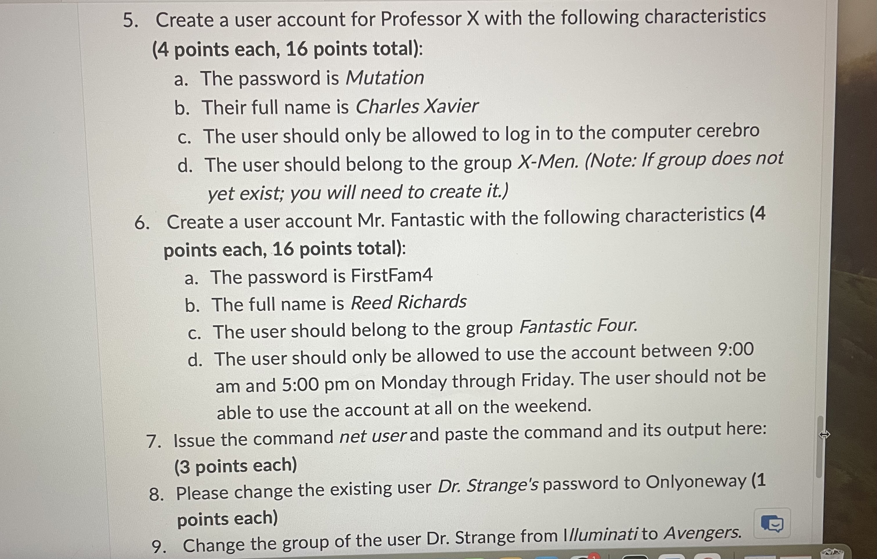 Solved 5. Create a user account for Professor X with the | Chegg.com